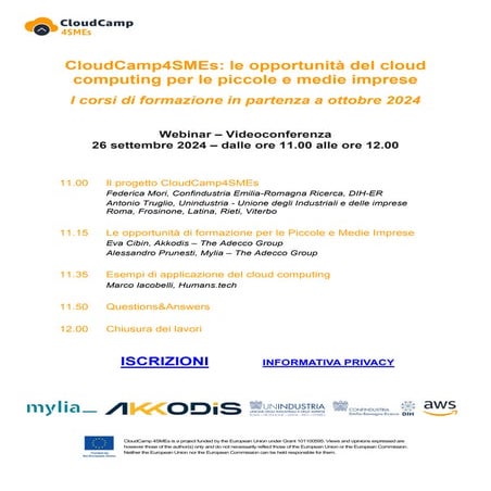 26/09/2024 - CloudCamp4SMEs: opportunità cloud computing per le PMI - Corsi di formazione in ...