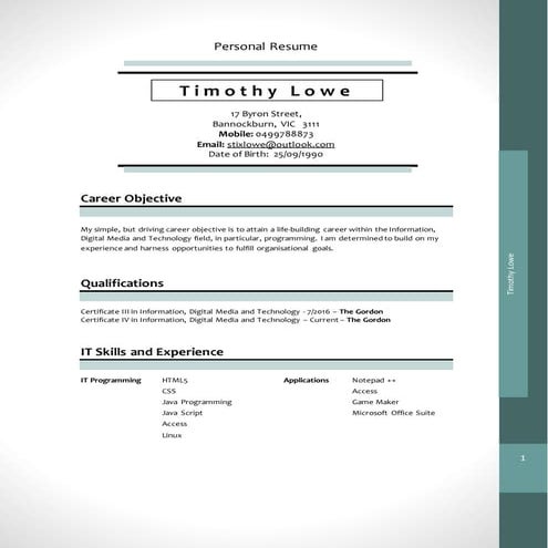 Timothy Lowe - Resume 2016 | PDF