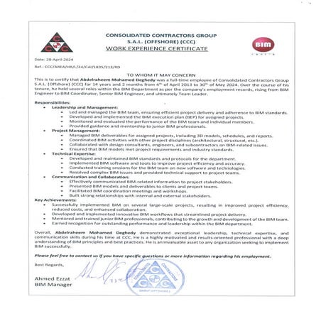 CCC BIM Departement Experience Certificate | PDF