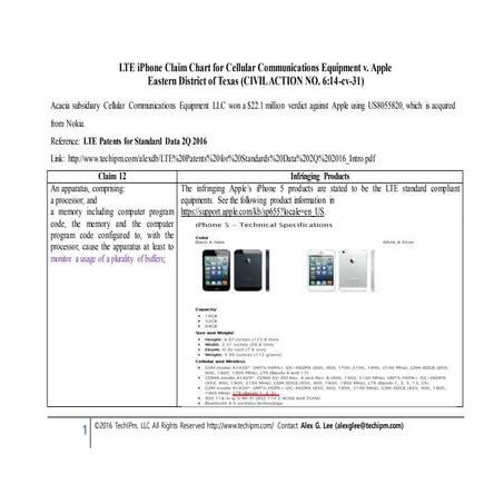 LTE iPhone Claim Chart for Cellular Communications Equipment v. Apple ...