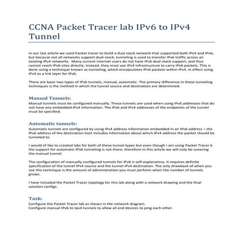 Ccna packet tracer lab i pv6 to ipv4 tunnel | DOCX