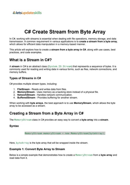C# Create Stream from Byte ArrayC# Create Stream from Byte Array | PDF C# Create Stream from Byte ArrayC# Create Stream from Byte Array | PDF