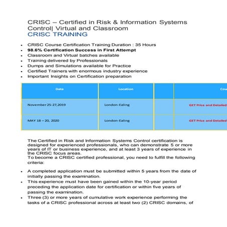 CRISC – Certified in Risk & Information Systems Control| Virtual and ...