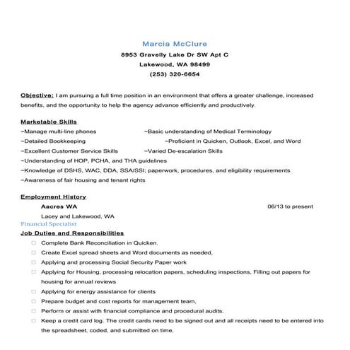 marcia resume final | RTF | Government Support and Welfare | Financial Assistance