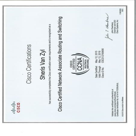 Sheris Van Zyl CCNA Certificate | PDF