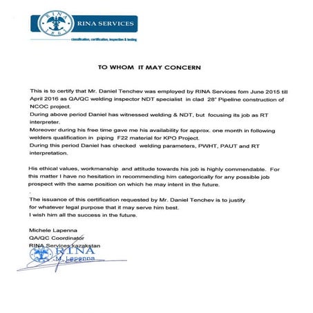 Raccomandation letter RINA | PDF