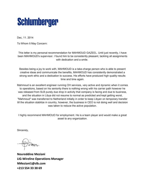Recommendation Letter Schlumberger | PDF