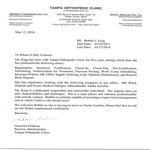 Letter of Recommendation from Tampa Orthopedic | PDF