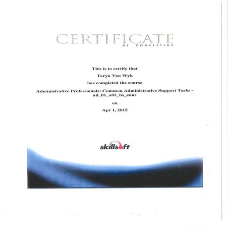 Certificate of Completion - Skillsoft - Adminstration Professional | PDF