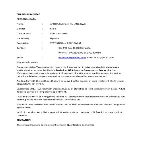 Curriculum Vitae for Kenton Mnindi | PDF