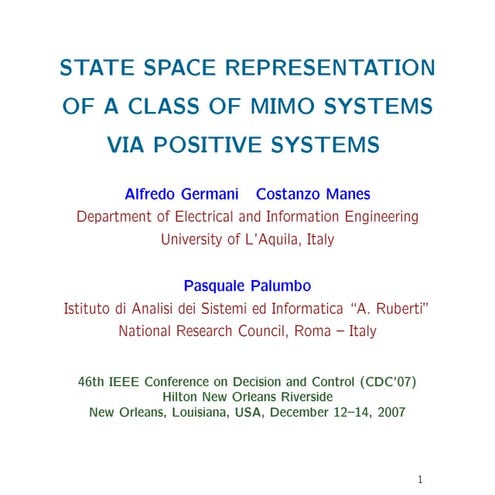 State Space Representation Of A Class Of Mimo Systems Via Positive