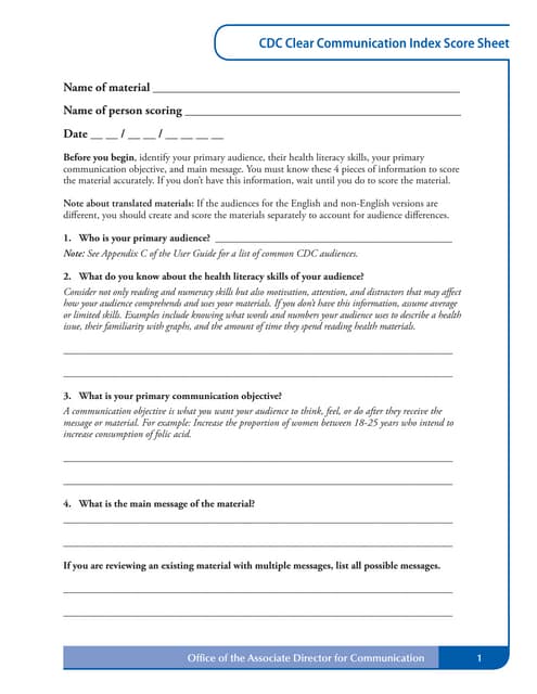 Cdc comm index score sheet | PDF