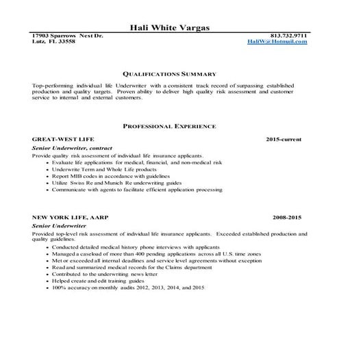 Hali Vargas Resume June 2015 | DOCX | Life Insurance | Insurance