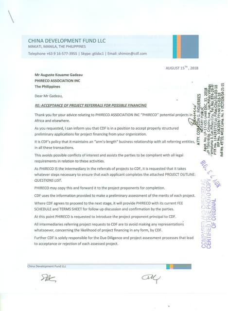 Certification of agreement seira cc and phireco rwanda | PDF