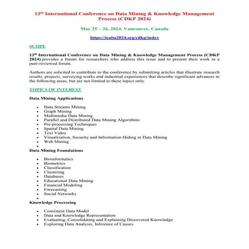 CFP - 14th International Conference on Data Mining & Knowledge Management Process (CDKP 2025) | PDF