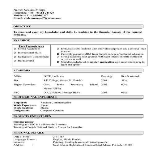 C:\Documents And Settings\Administrator\My Documents\Reume (Neelam) | DOCX