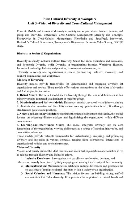 Cultural Diversity at Workplace unit 2- Exploring Difference | PDF