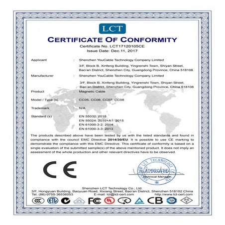 Magnetic Cable CE Certificate - Shenzhen YouCable Technology Co., Ltd | PDF