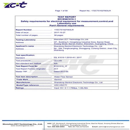 Ce Report of usc-hs21ti hall water flow sensor from iSentrol | PDF
