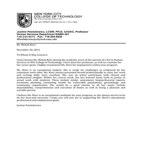 Mehak Rizvi Letter of Recommendation by Dr. Pawloukewicz | PDF