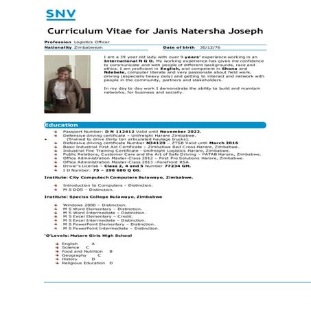 SNV CV JANIS N JOSEPH 2016 | DOCX