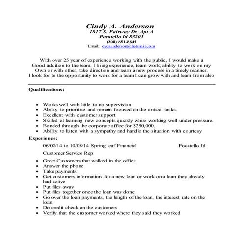 Cindy A. Anderson Resume | PDF