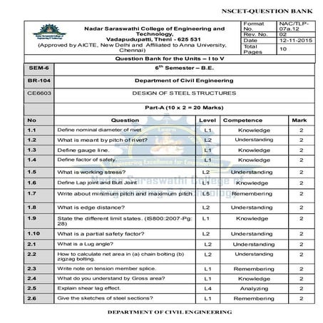 Ce6603 design of steel structures qb | PDF