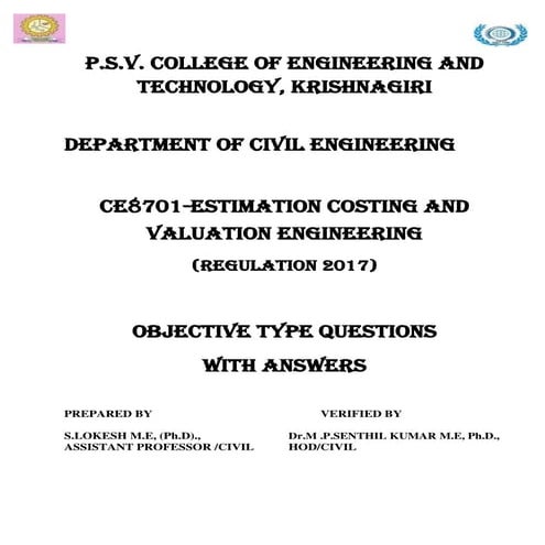 Ce8701 estimation costing and valuation engineering OBJECTIVE TYPE ...