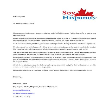 Recommendation Letter Soy Hispano Magazine | DOCX