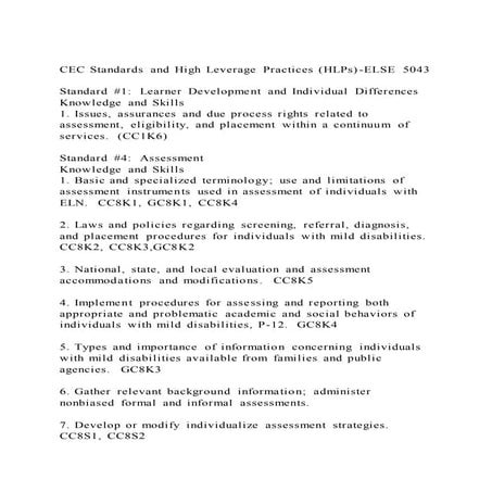CEC Standards and High Leverage Practices (HLPs)-ELSE 5043Stan | DOCX ...