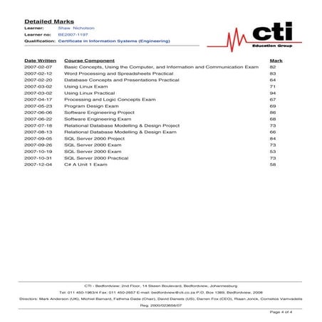 Academic Transcript for Shaw Nicholson (Certificate in Information Systems Engineering | PDF ...