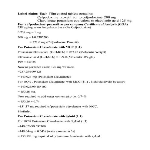 Cefpodoxime Proxetil And Potassium Clavulanate Calculation By Bishnu Adhikari Docx