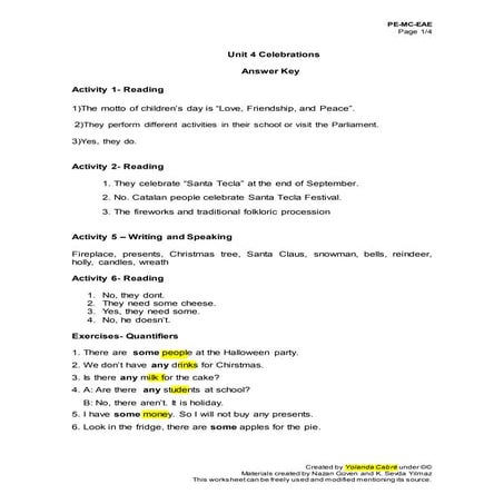 Celebrations answer key | DOCX