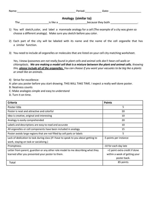 Cell City Analogy Answer Key