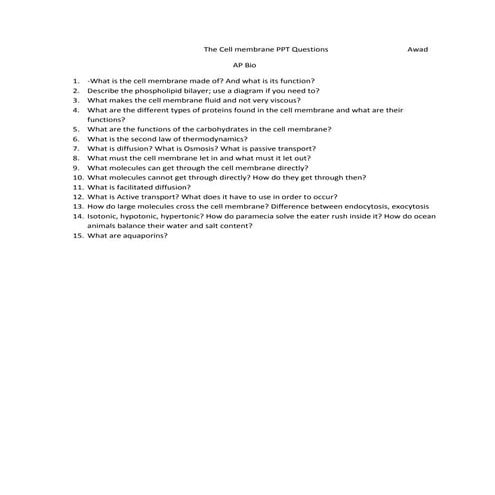 Cell membrane ppt questions chap7 | PDF