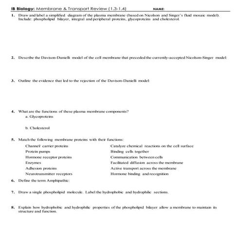 IB Cell Membrane & Transport Review (1.3-1.4) | DOCX
