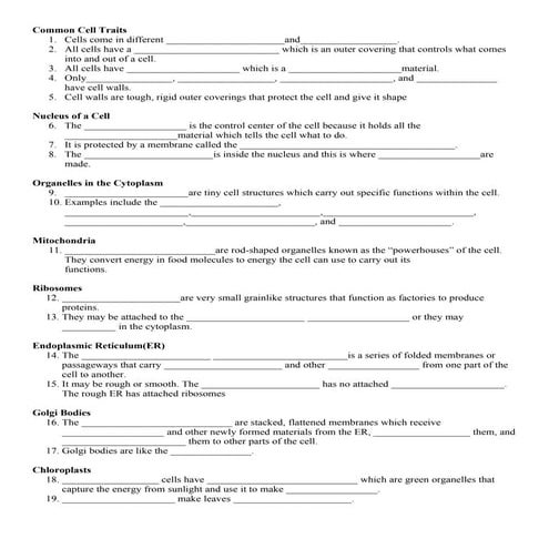 Cell Organelle Cloze Notes | DOC