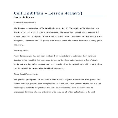 Cell unit plan day 5 | DOCX | Educational Assessment | Education