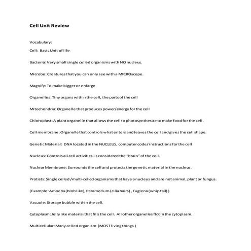 Cell unit review complete | DOCX | Biological Sciences | Science