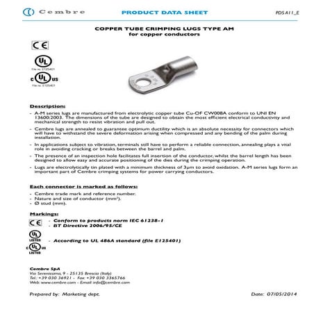 Cembre Cable Crimp Lugs (Single Hole - Copper Conductors) - A Range | PDF