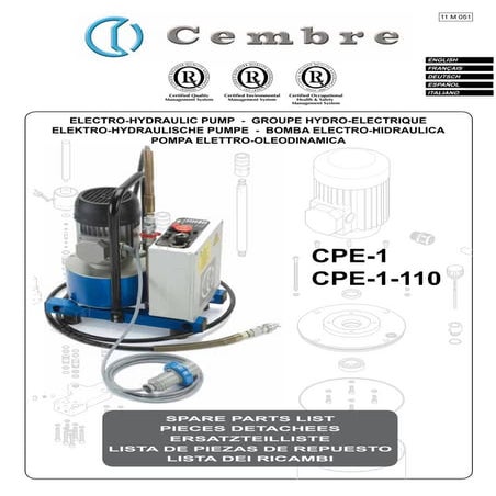 Cembre CPE-1 Electrically Driven Hydraulic Pump Spares List | PDF