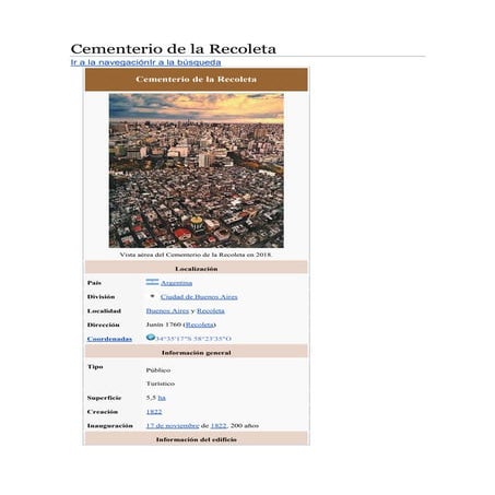 Cementerio de La Recoleta | Lugares de Buenos Aires | PDF