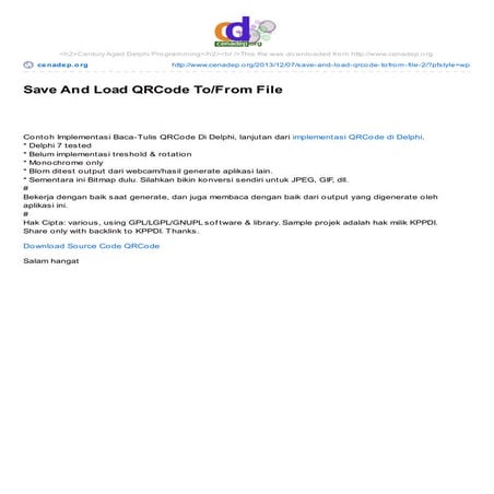 Cenadep.org - Generate & Read QRCode Using Delphi. Save To File, and Load It Back. | PDF