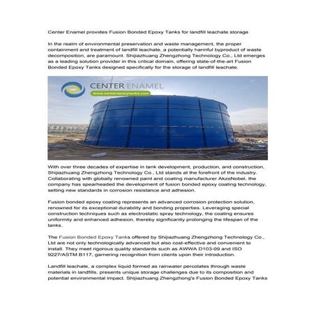 Center Enamel provides Fusion Bonded Epoxy Tanks for landfill leachate ...