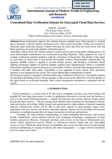 Centralized Data Verification Scheme For Encrypted Cloud Data Services Pdf