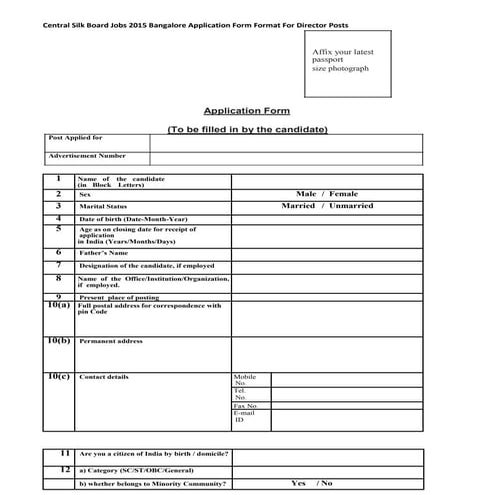 Central Silk Board Jobs 2015 Bangalore Application Form Format For ...
