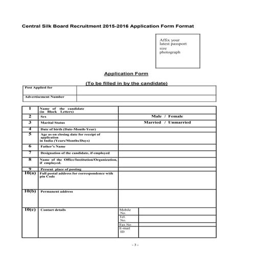 Central Silk Board Recruitment 2015-2016 Application Form Format | PDF