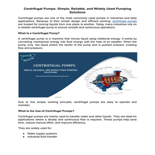 Centrifugal Pumps: Simple, Reliable, and Widely Used Pumping Solutions ...