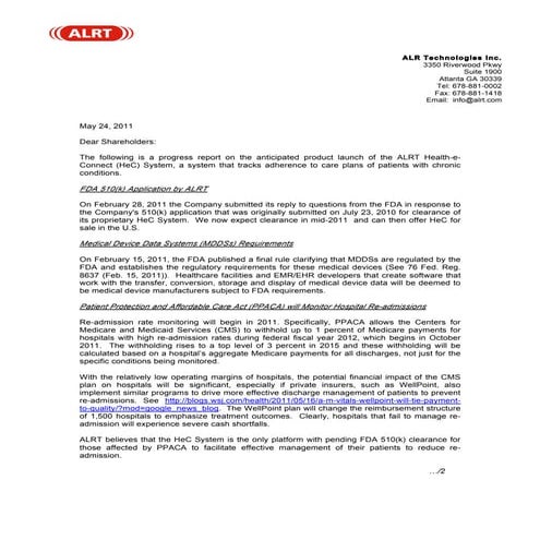 Letter To Shareholders Update | PDF