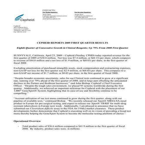 Q1 2009 Earning Report of Cepheid | PDF
